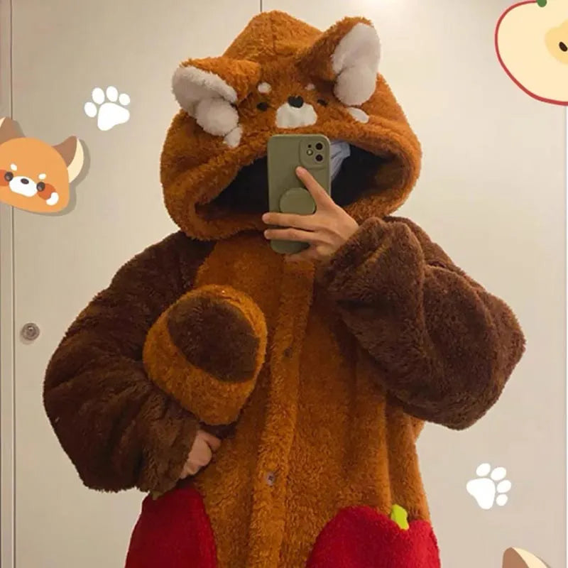 Funny Cartoon Red Panda Plush Hooded Pajamas Set yv32001 – Youvimi