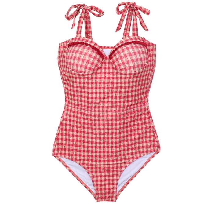 Cute red plaid one-piece swimsuit yv42031 – Youvimi