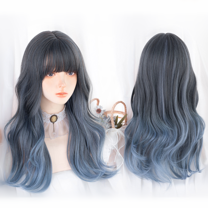 Blue gray gradient long curly wig yv30327 – Youvimi